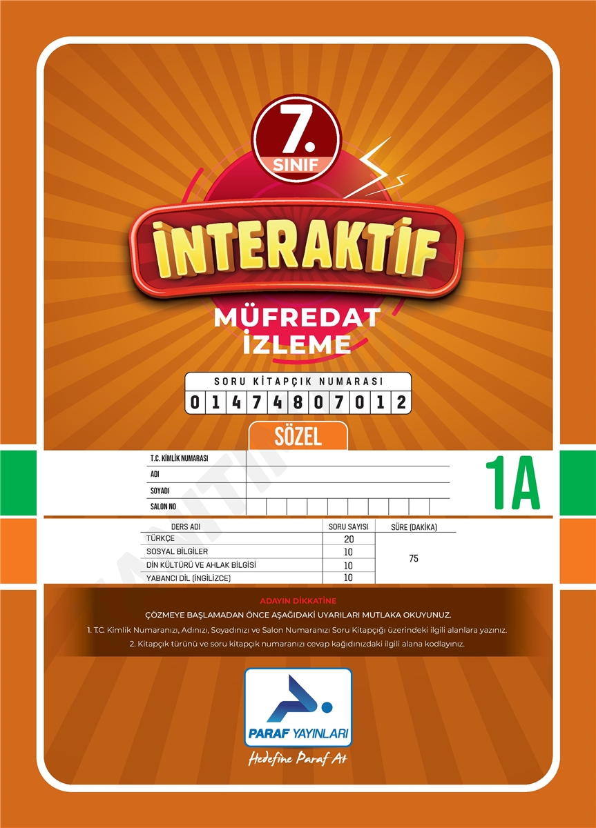 KURUMSAL DENEMELER - PARAF - 2025-2026 PARAF 7. Sınıf İnteraktif Deneme 1